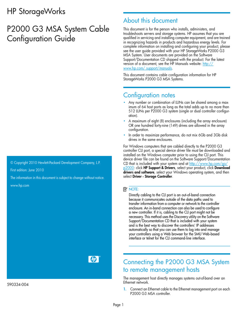 HP StorageWorks P2000 G3 MSA System Cable Configuration Guide (590334 ...