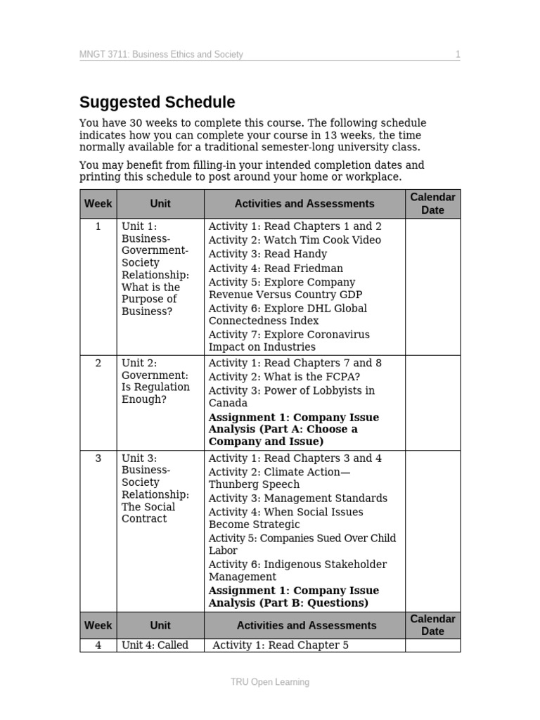 MNGT 3711 SW4 Suggested Schedule | PDF | Economies | Business
