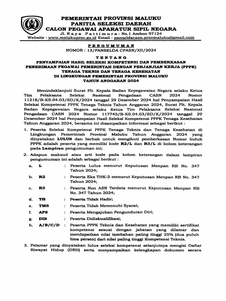 Pengumuman PKKK Tenaga Teknis Dan Tenaga Kesehatan Pemprov Maluku TA 2024 | PDF
