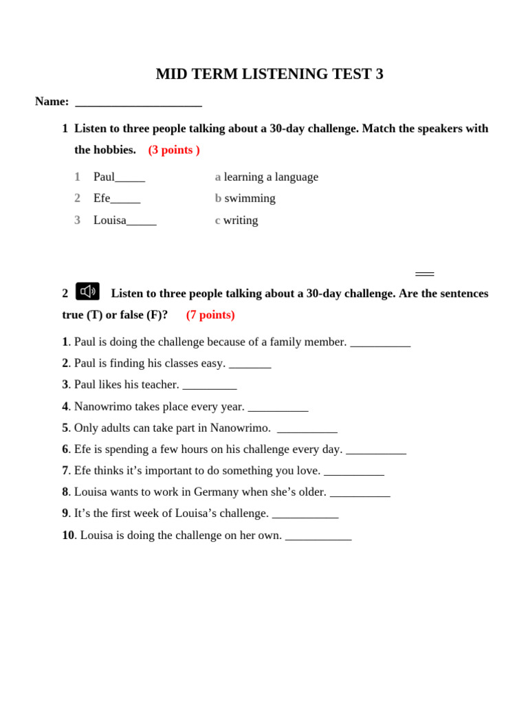 Mid Term Listening Test 3: 30-Day Challenge | PDF