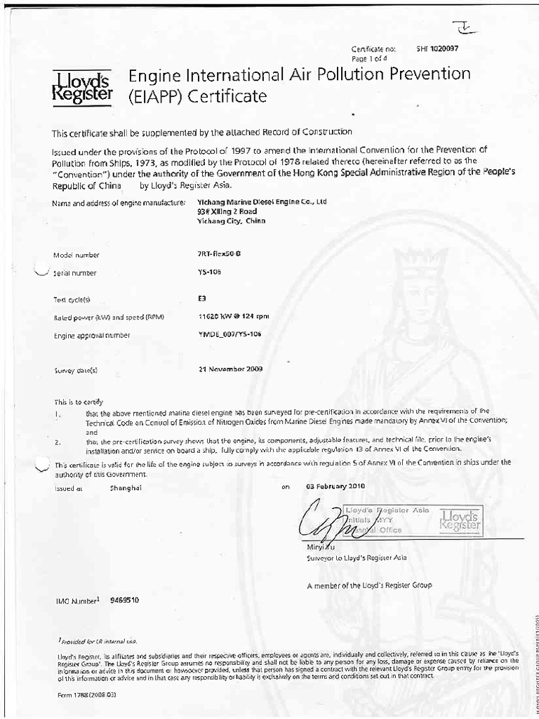 Eiapp Certificate Main Engine | PDF