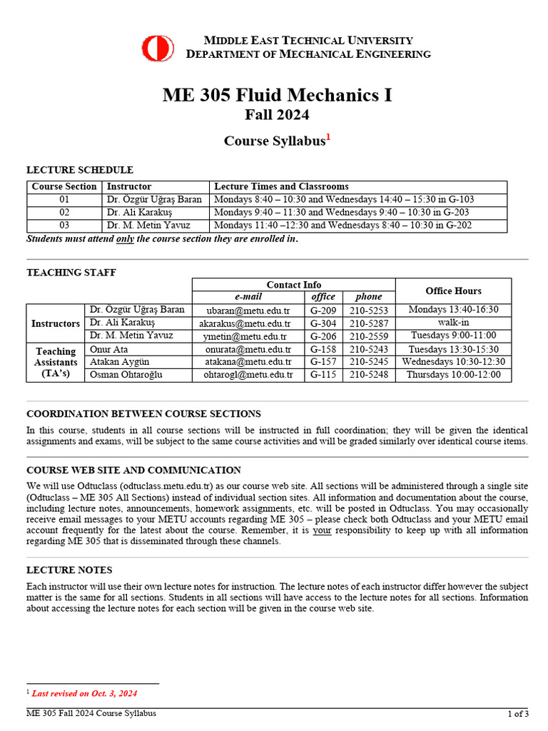 ME305 CourseSyllabus F2024 | PDF | Fluid Dynamics | Applied And ...