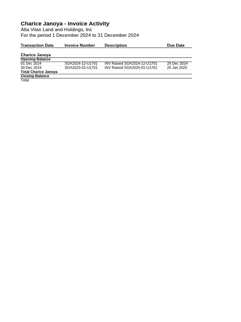 Alta Vitas Land and Holdings Inc - Customer Invoice Activity | PDF
