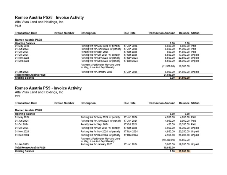 Alta Vitas Land and Holdings - Inc - Customer Invoice Activity 31 Dec 2024 - Romeo Austria PS28 ...
