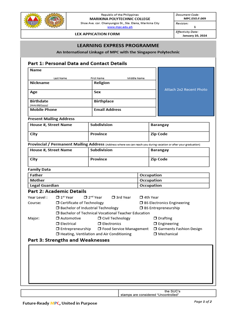 Marikina Polytechnic College LeX Application Form | PDF