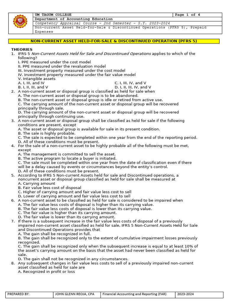 PFRS 5 - NCA and Discontinued Operations - Rev1 | PDF | Fair Value ...