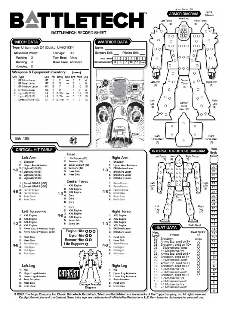 Urbanmech D4 BattleMech Record Sheet | PDF | Battle Tech