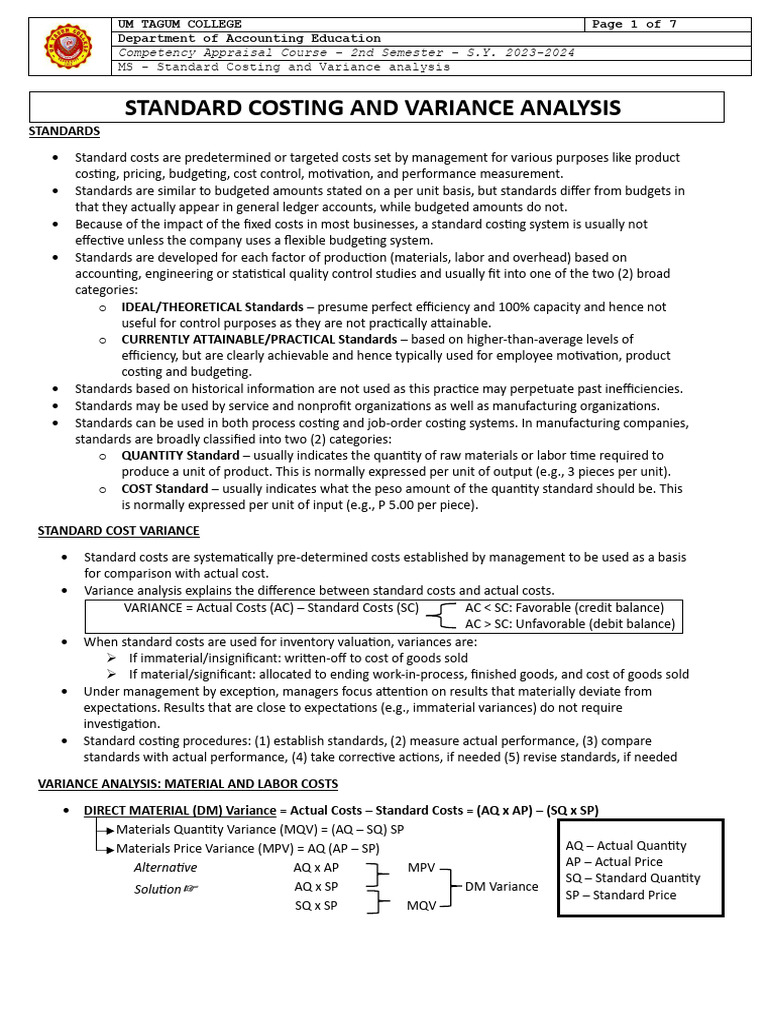 MS Standard Costing and Variance Analysis v2 (1) | PDF | Cost ...