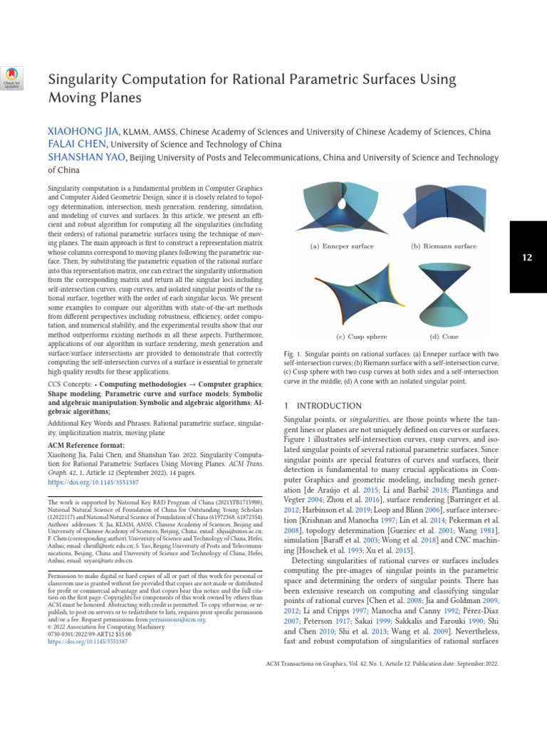 Singularity Computation For Rational Parametric Surfaces Using Moving Planes | PDF | Curve ...