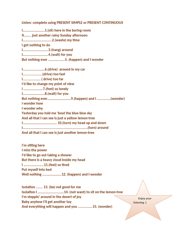 Song - Present Simple-Continuous | PDF