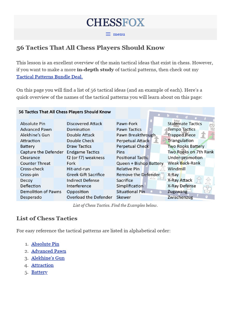 56 Tactics That All Chess Players Should Know | PDF | Chess | Abstract ...