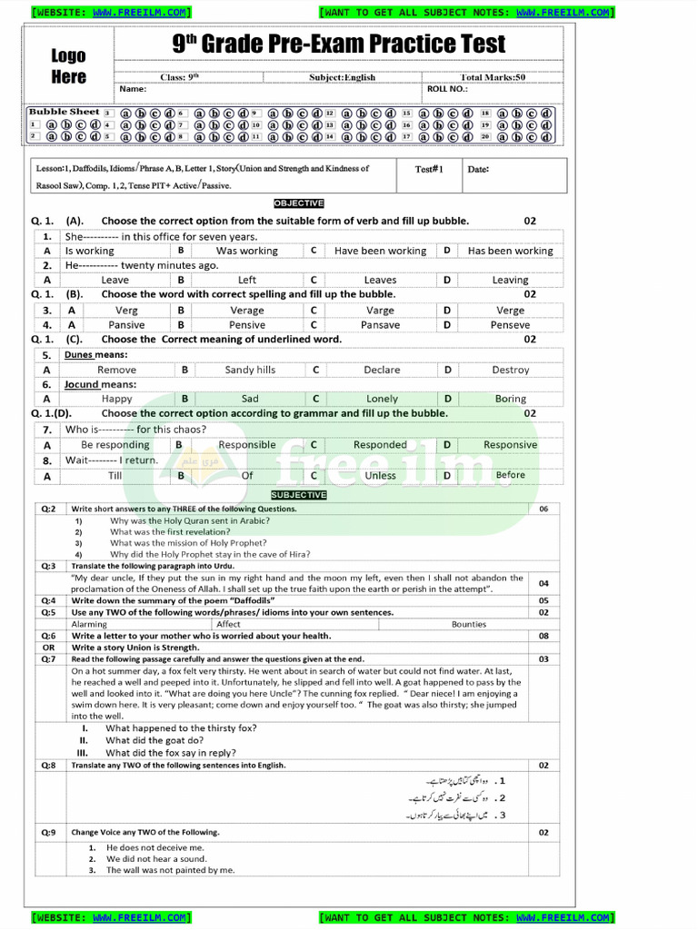 9th English Test Paper 1 | PDF