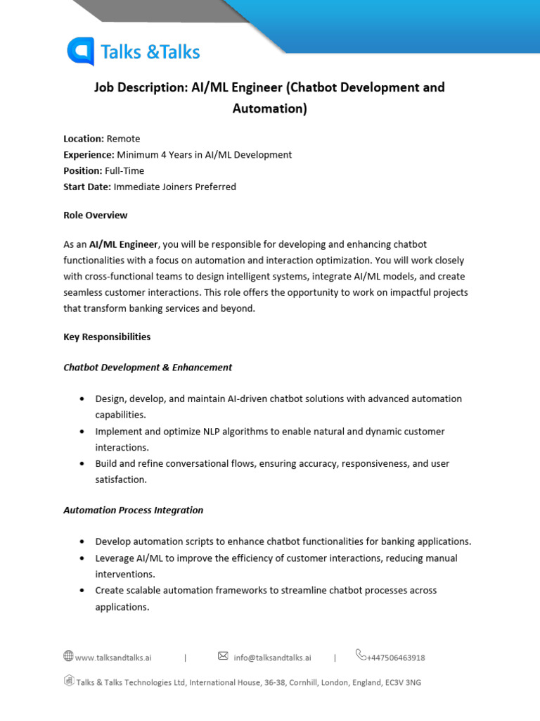 AI/ML Engineer Job Description | PDF | Machine Learning | Artificial ...