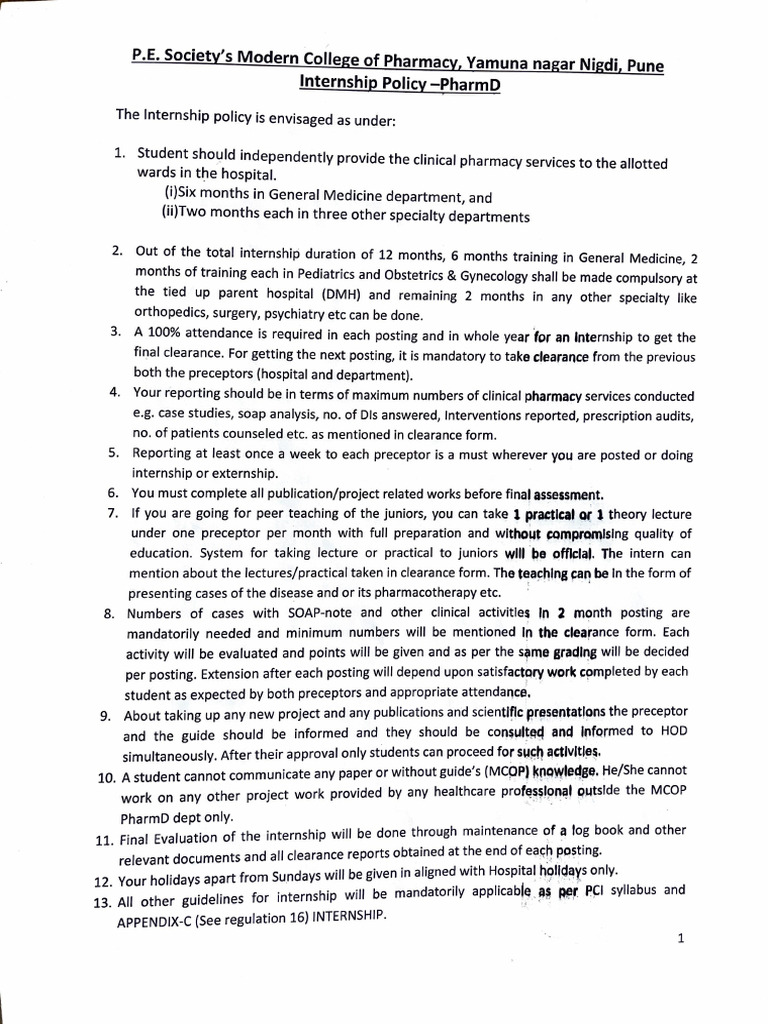 Internship Policy - Pharm D | PDF | Social Programs | Medicine