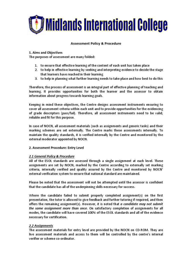 Assessment Policy & Procedure ESOL | PDF | Educational Assessment ...