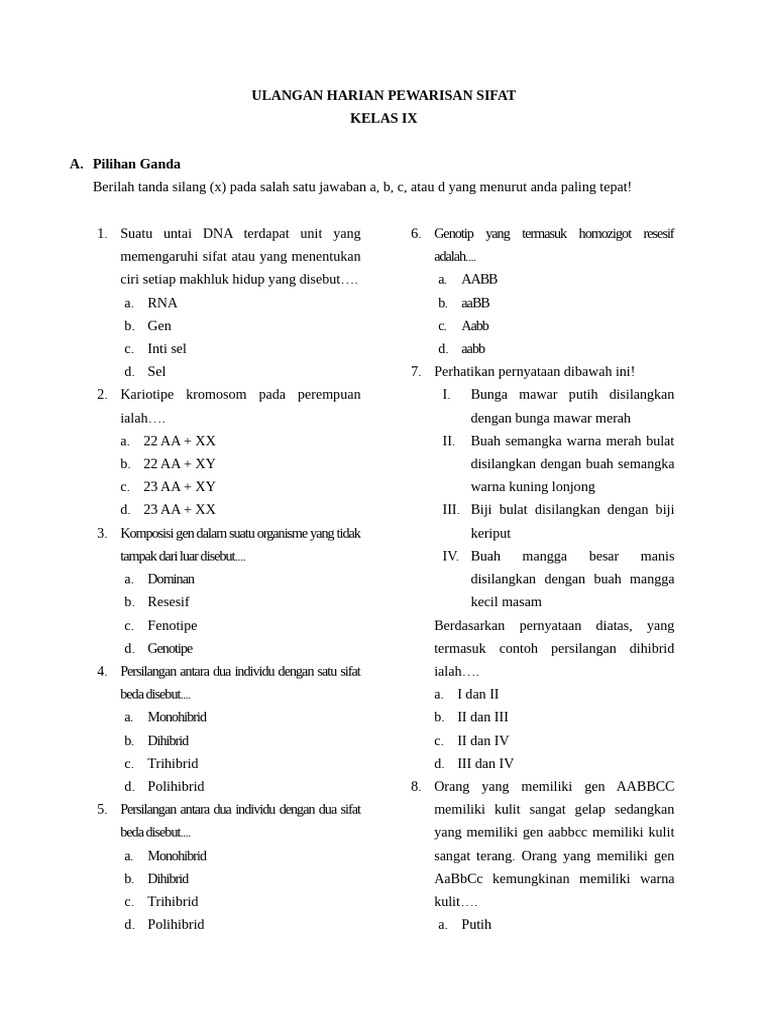 Soal Ulangan Harian Pewarisan Sifat Kelas 9 | PDF