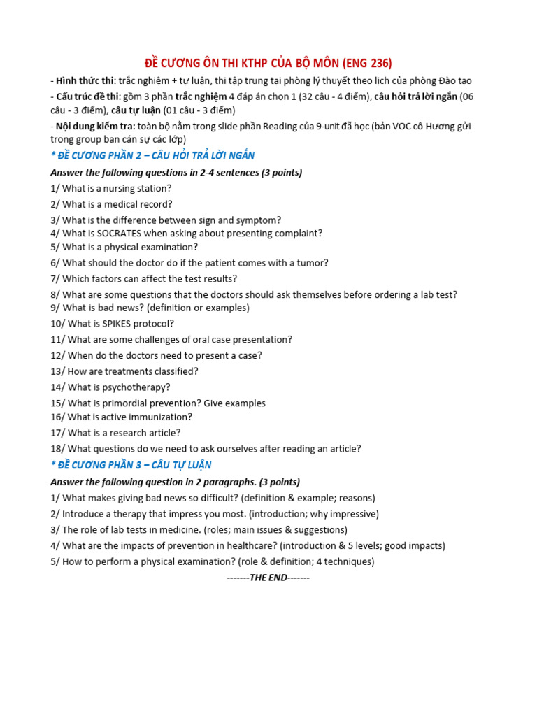 ENG 236 - đề cương KTHP 2024 | PDF