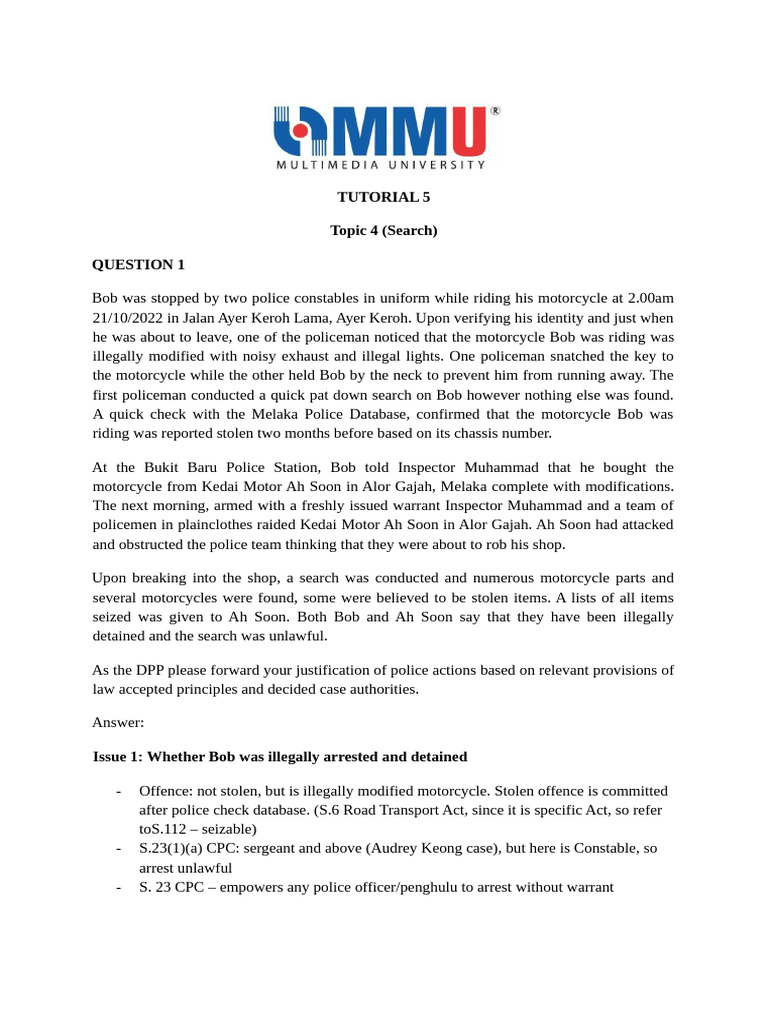 UCP6413 Tutorial 5 Week 6 | PDF | Arrest | Search Warrant