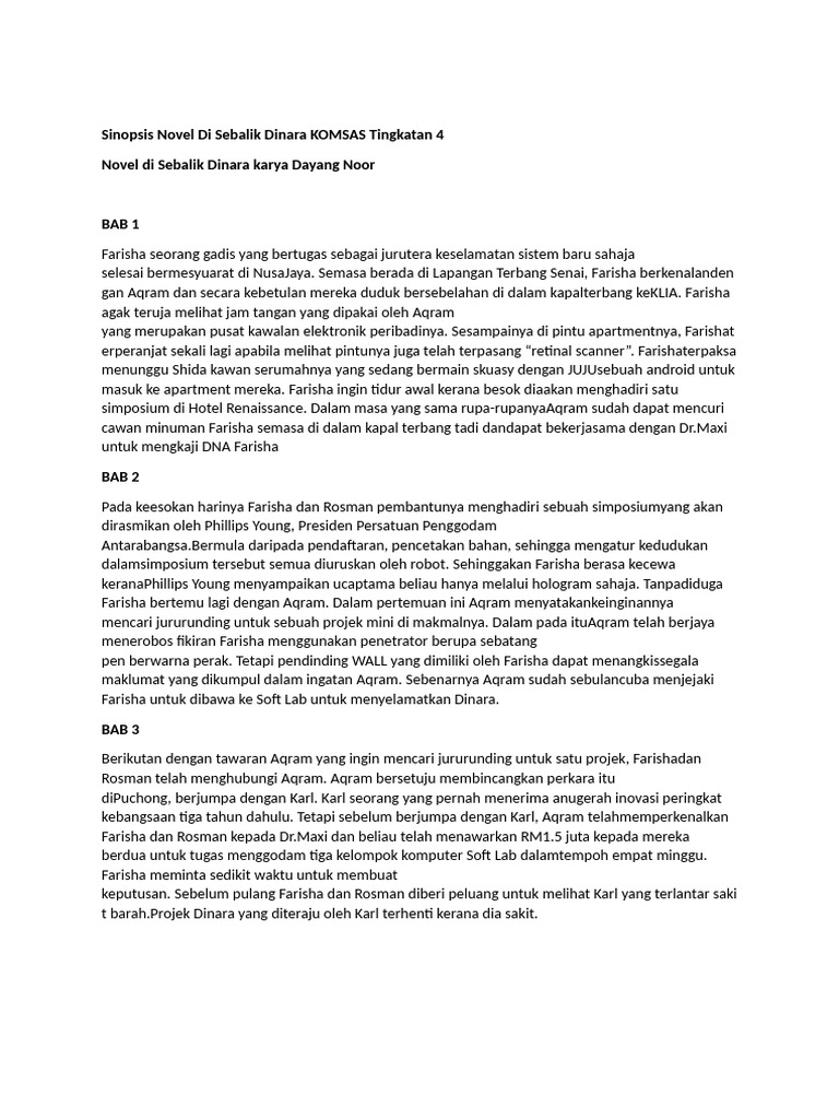 Sinopsis Novel Di Sebalik Dinara KOMSAS Tingkatan 4 | PDF