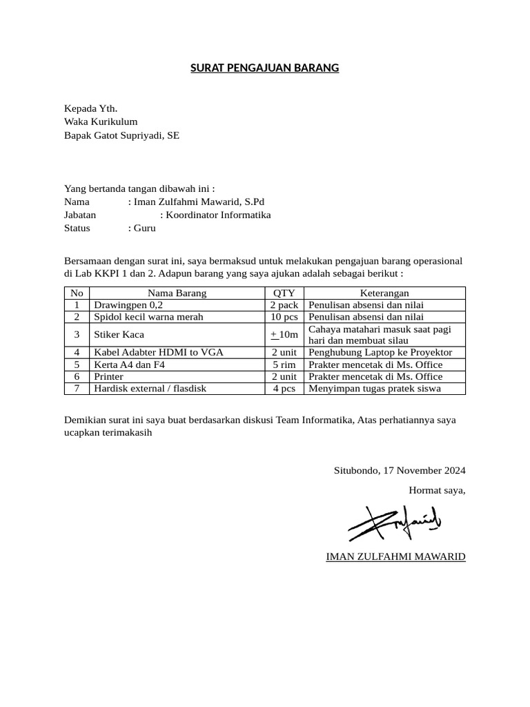 Surat Pengajuan Barang | PDF