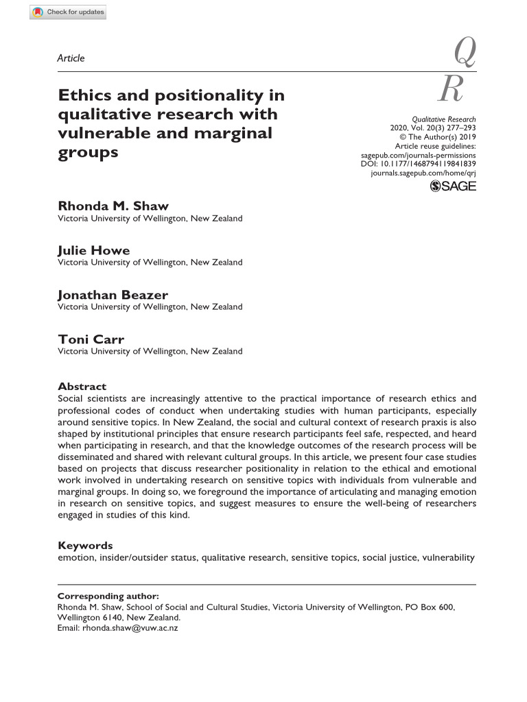 L4shaw Et Al 2019 Ethics and Positionality in Qualitative Research With Vulnerable and Marginal ...