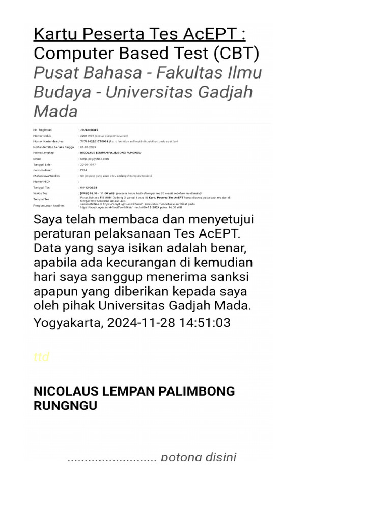 Kartu Peserta AcEPT UGM | PDF