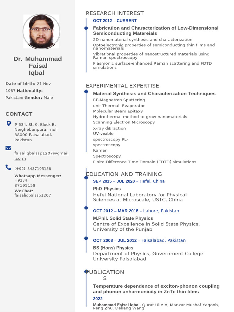 CV Dr. Muhammad Faisal Iqbal 02082022 | PDF | Solid State Chemistry | Raman Spectroscopy