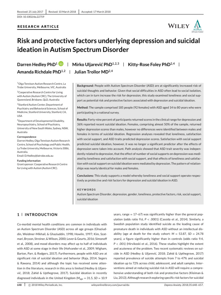 Hedley Et Al. (2017) Risk and Protective Factors Underlying Depression ...