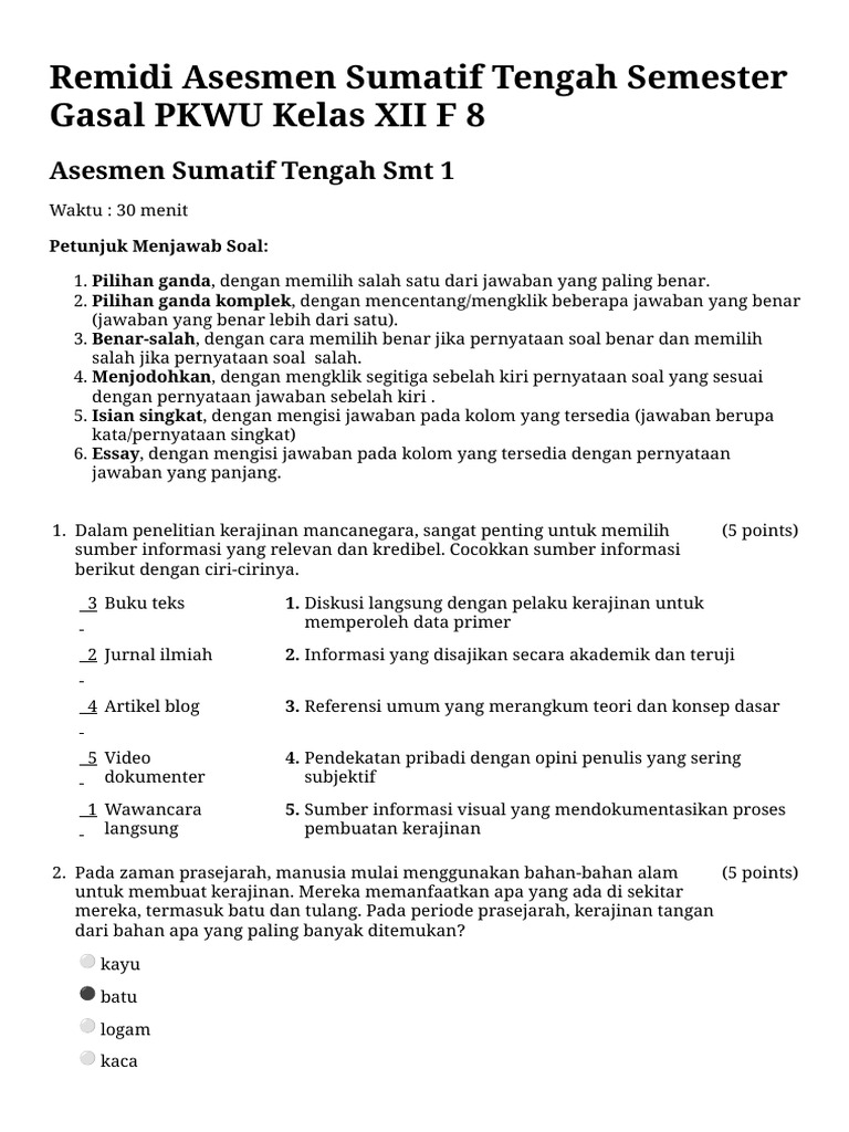 Remidi Asesmen Sumatif Tengah Semester Gasal PKWU Kelas XII F 8 | PDF