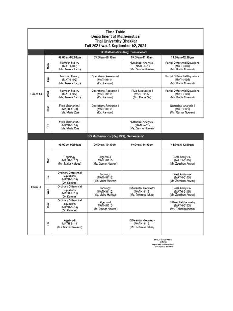 Timetable Fall 2024 | PDF | Mathematics | Calculus