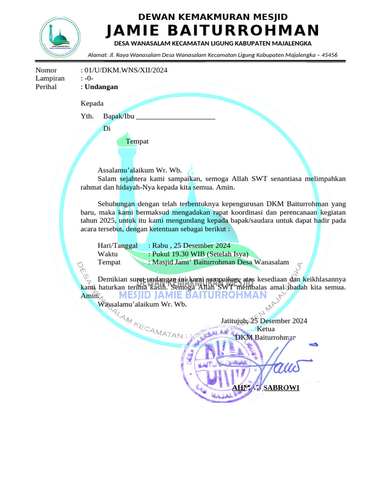 Undangan Rapat DKM Baiturrohman | PDF