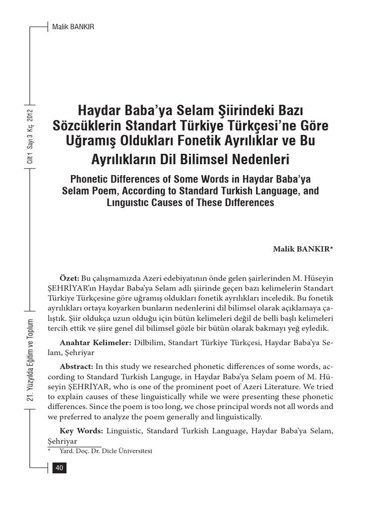 Haydar Baba___ya Selam __iirindeki Baz__ S__zc__klerin Standart T__rkiye T__rk__esi___ne G__re U ...