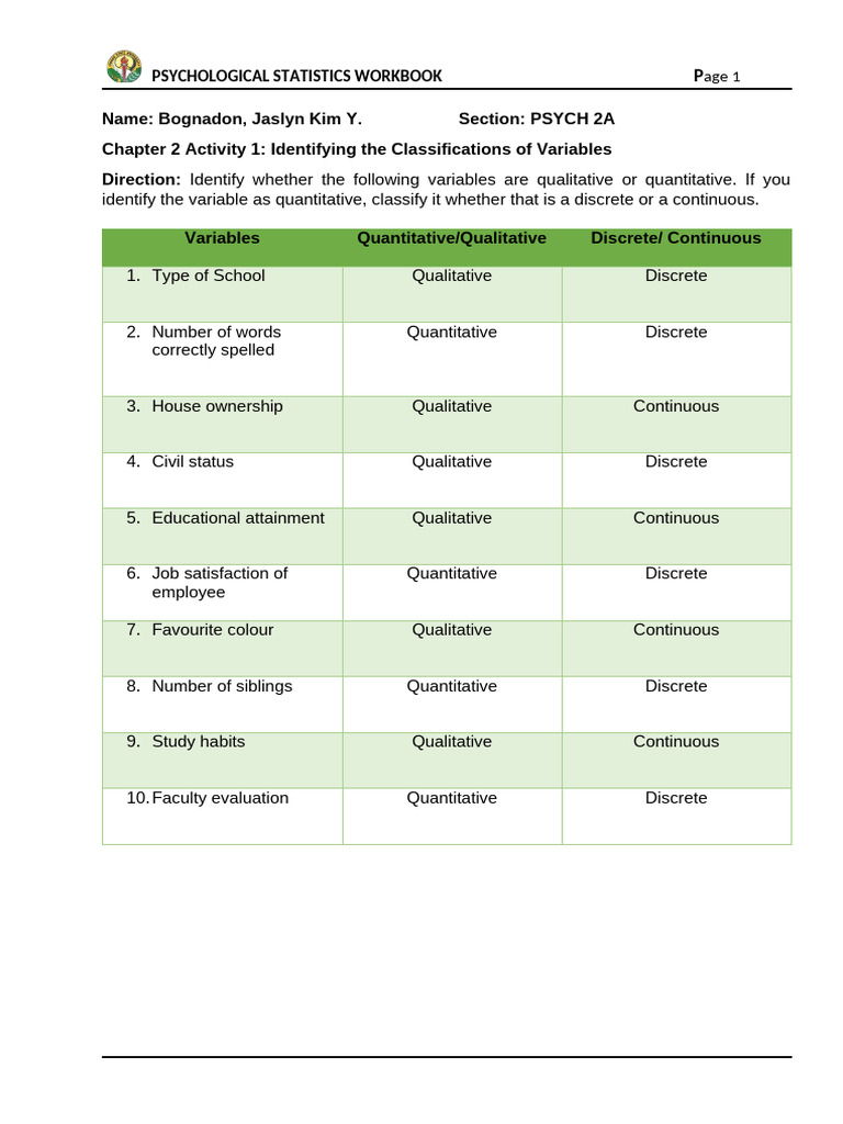 Psychological Statistics Variable Classifications | PDF