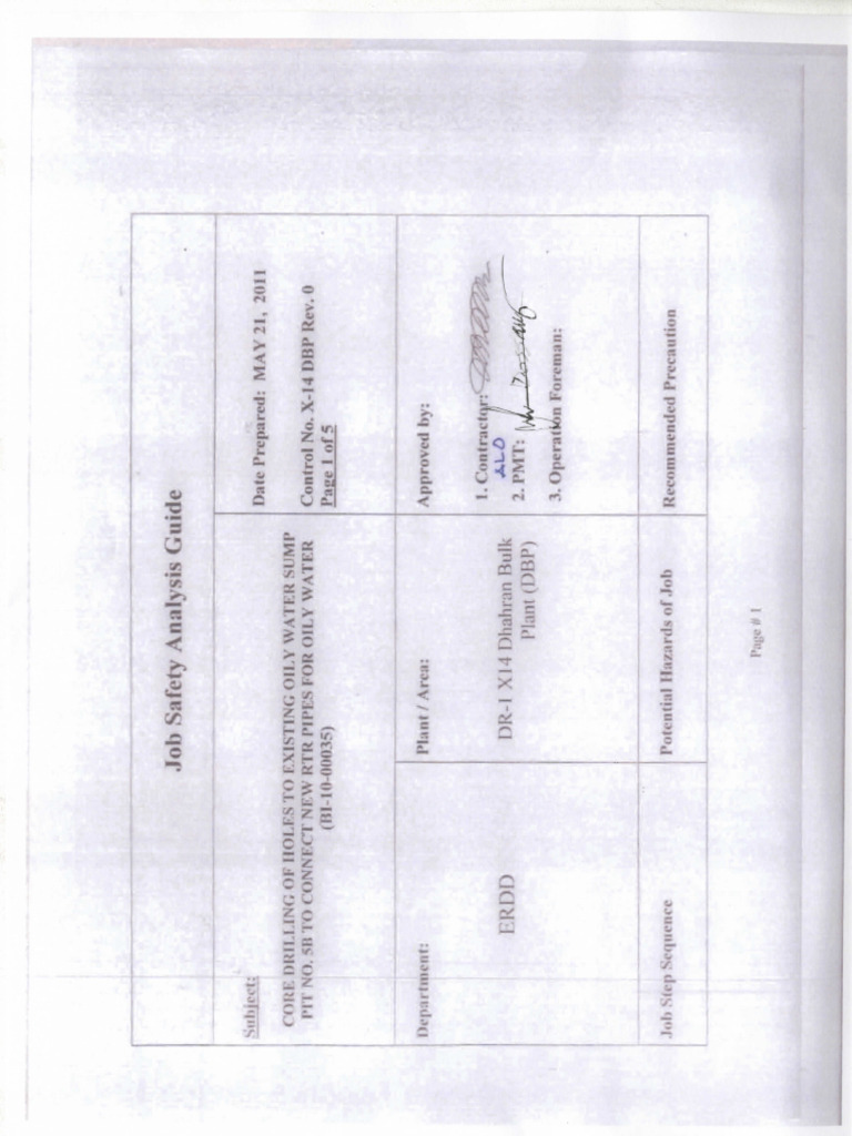 JSA For Core Drilling of OWS 28 May 2011 | PDF