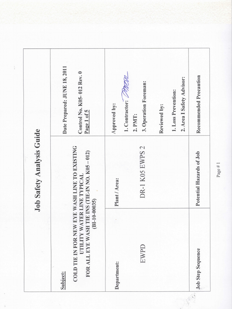JSA Cold Tie - in No. K05-012 New Eye Wash Line To Existing Line at K05 EWPS 2 | PDF