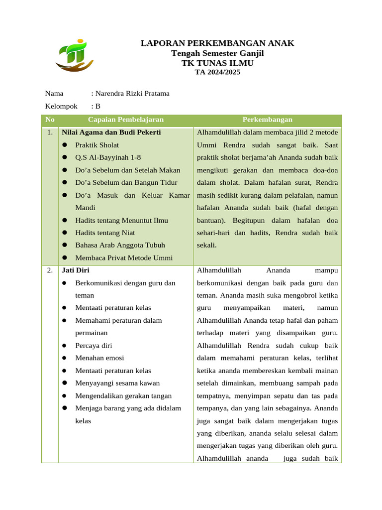 Rapot Tengah Semester Ganjil 2024-2025 | PDF