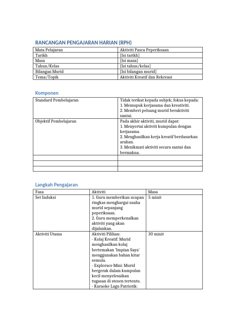 RPH Aktiviti Pasca Peperiksaan | PDF