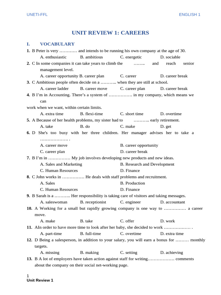 Unit Review 1 - S | PDF | Job Interview | Business