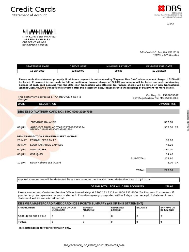 Singapore DBS Bank Credit Card Statement Template | PDF | Credit Card | Payments