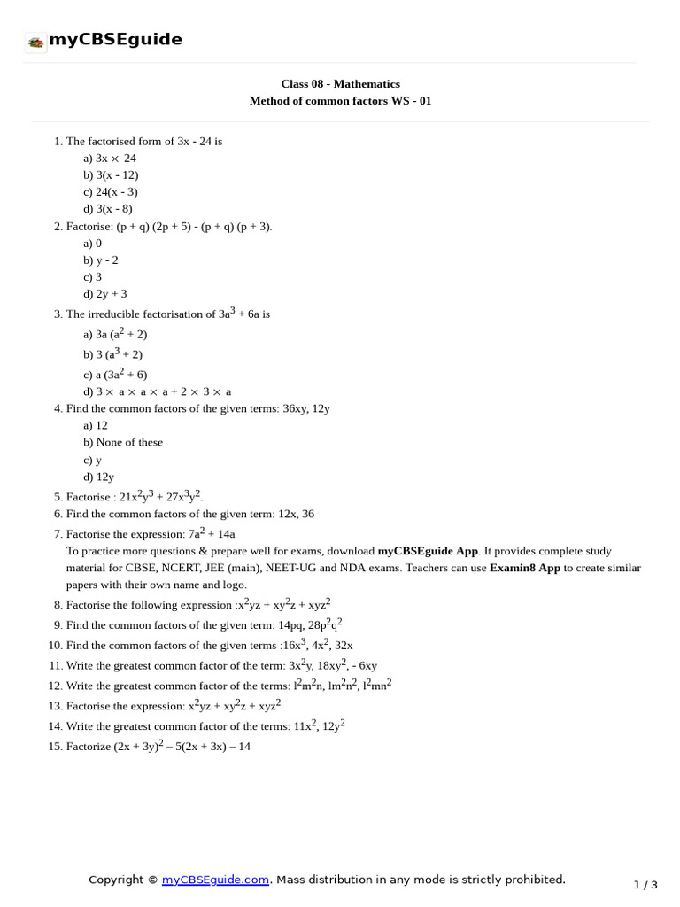 08 Math Factorisation 01 | PDF | Factorization | Standardized Tests
