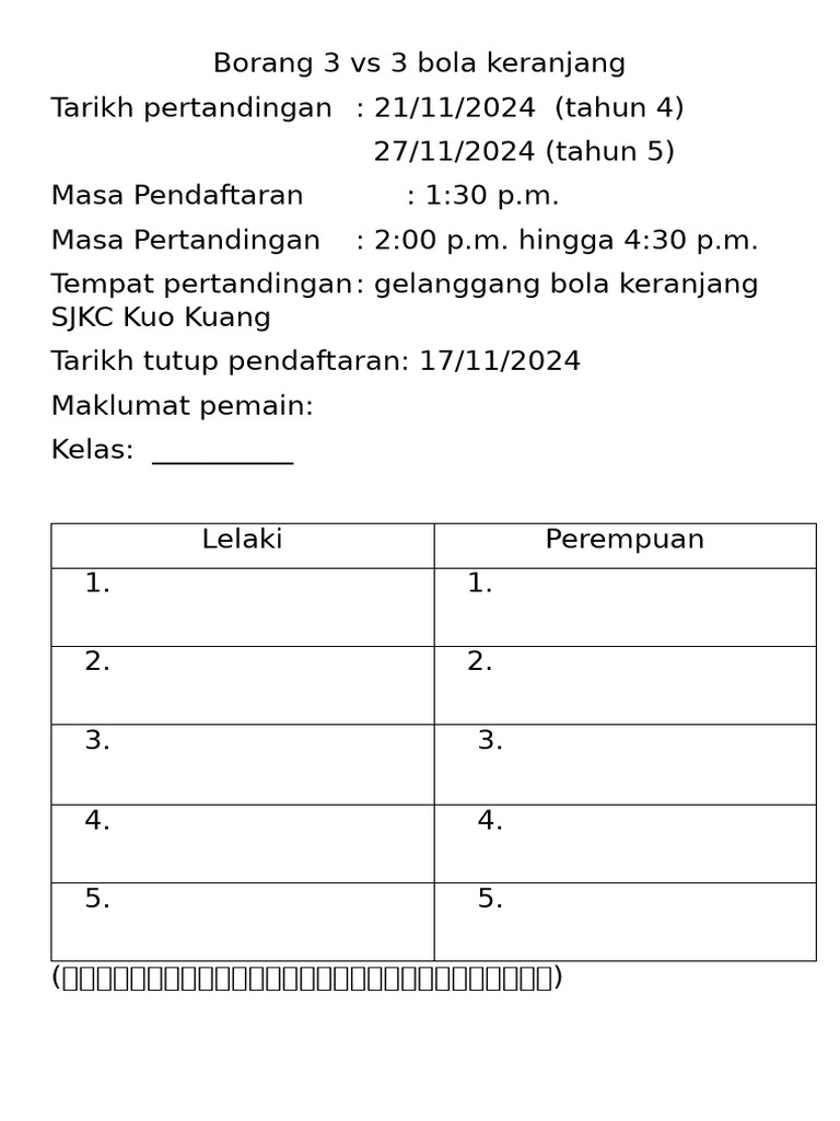 Borang 3 vs 3 Bola Keranjang | PDF