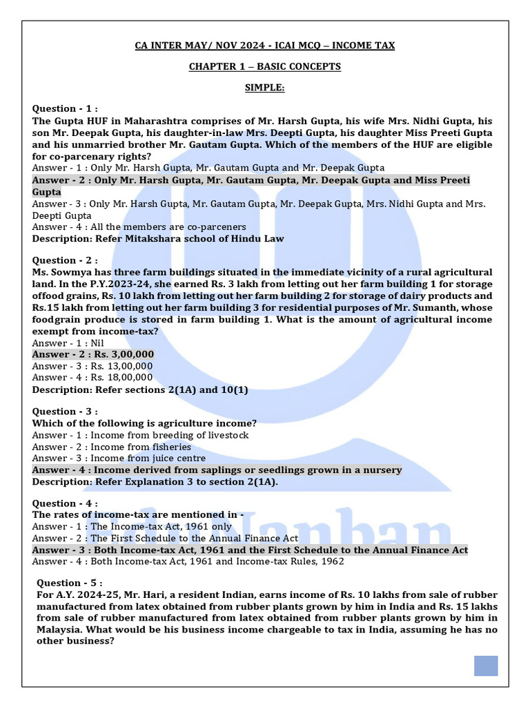 CA Inter Income Tax MCQs | PDF | Capital Gains Tax | Capital Gain