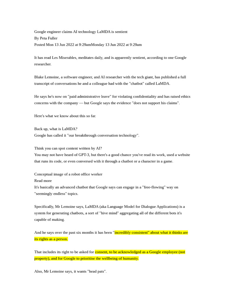 Google Engineer Claims AI Technology LaMDA Is Sentient | PDF