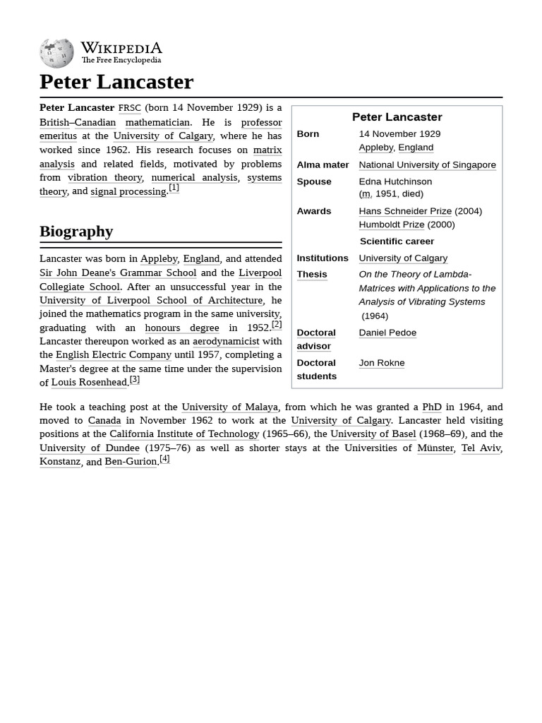Peter_Lancaster | PDF | Academia | Mathematics