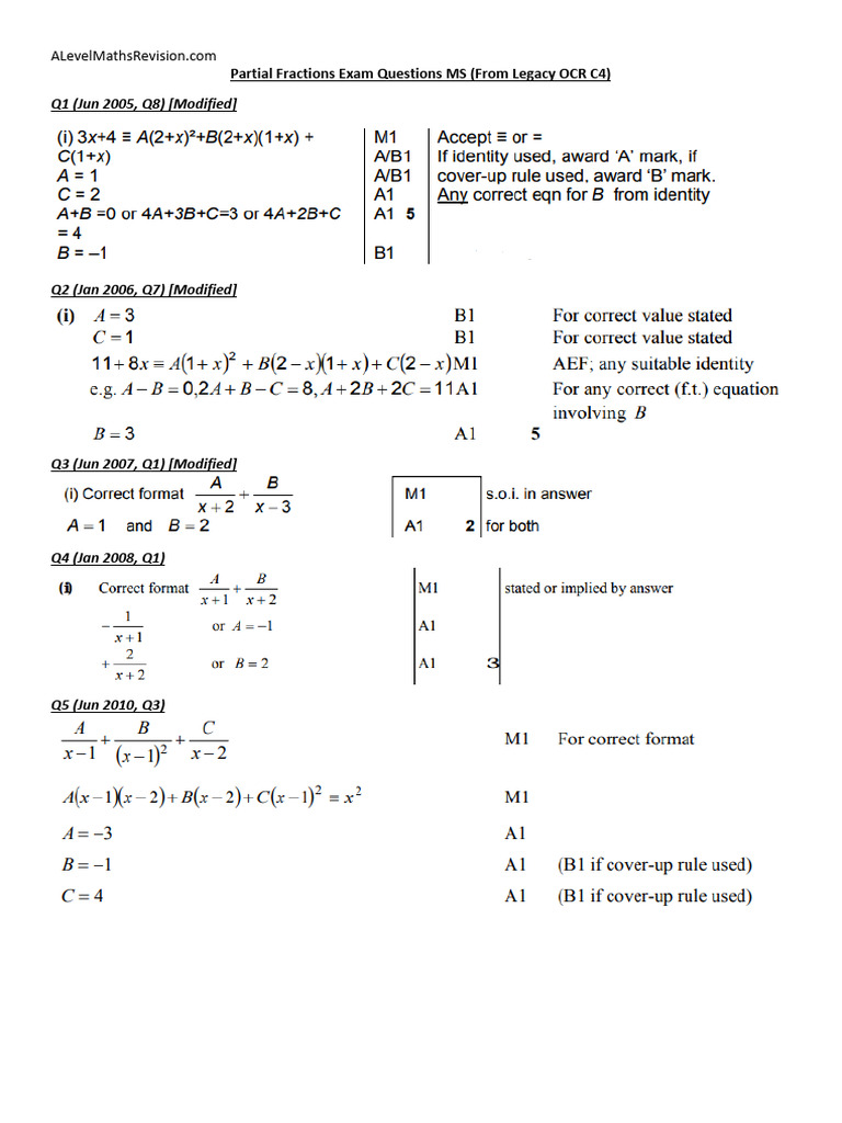 Y2 Pure Partial Fractions Exam Questions Ms | PDF