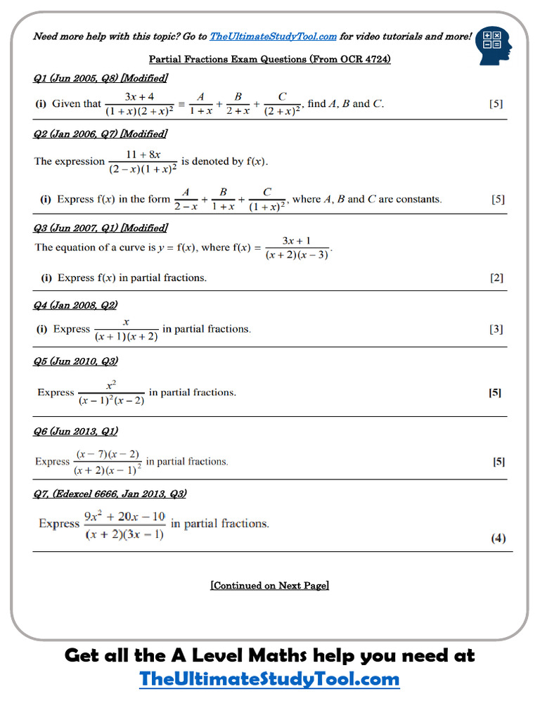 y2 Pure Partial Fractions Exam Questions | PDF