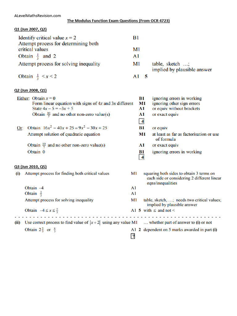 Y2 Pure The Modulus Function Exam Questions Ms | PDF