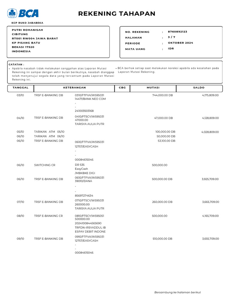 Rekening Tahapan BCA: Mutasi dan Saldo | PDF