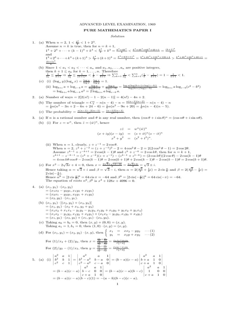 AL Pure Mathematics 1969 Paper 1+2 Suggested Solutions | PDF