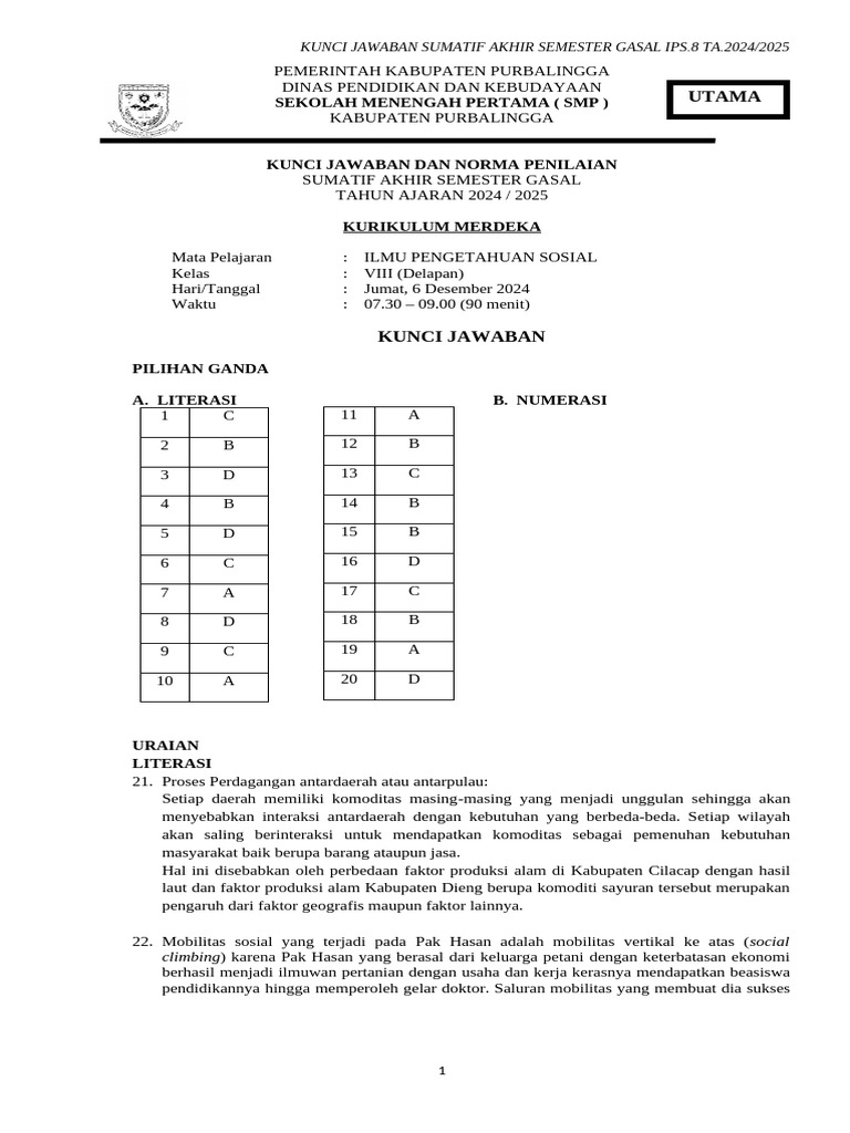 Kunci Jawaban Asas Gasal Ips.8 TP.2024.2025 Utama Editing | PDF
